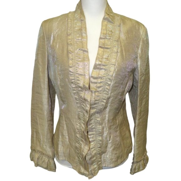 RAFAEL | Jackets & Coats | Rafael Iridescent Gold Ruffled Tie Front ...